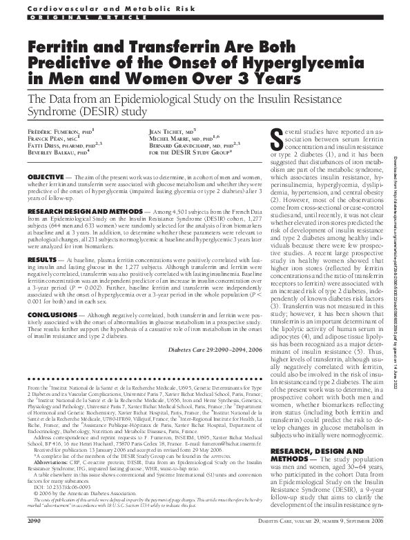 (PDF) Ferritin and Transferrin Are Both Predictive of the Onset of ...
