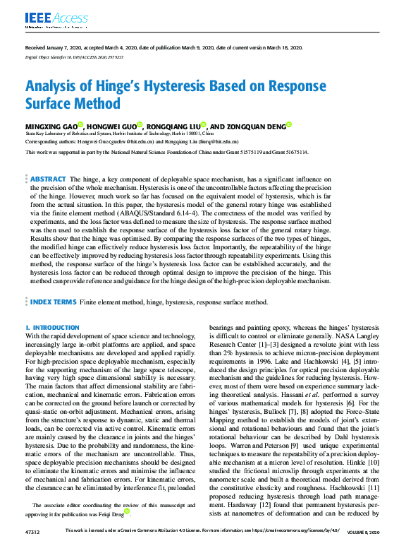 (PDF) Analysis of Hinge’s Hysteresis Based on Response Surface Method