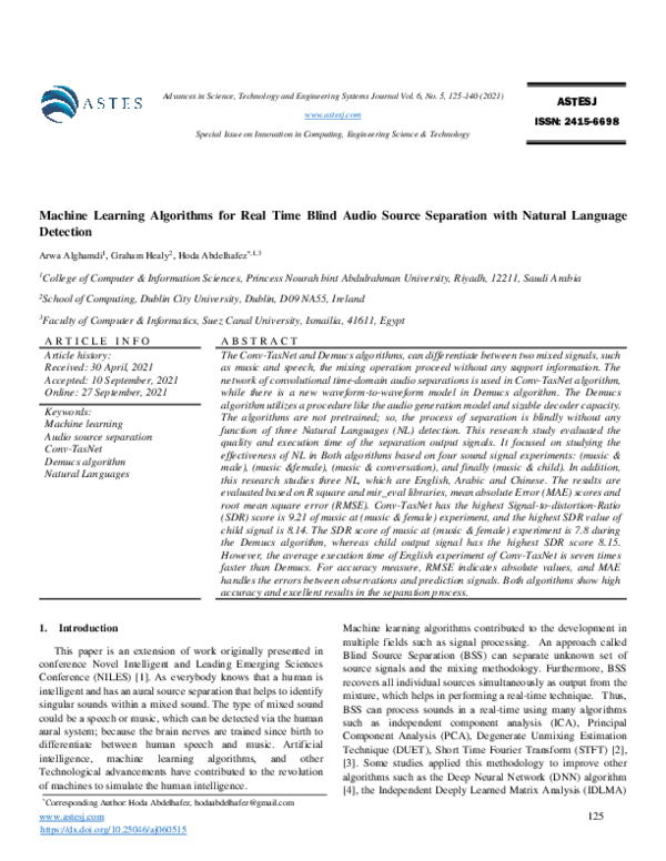 Pdf Machine Learning Algorithms For Real Time Blind Audio Source