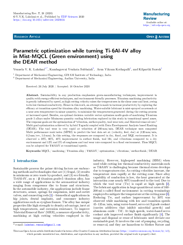 (PDF) Parametric optimization while turning Ti-6Al-4V alloy in Mist-MQCL (Green environment ...