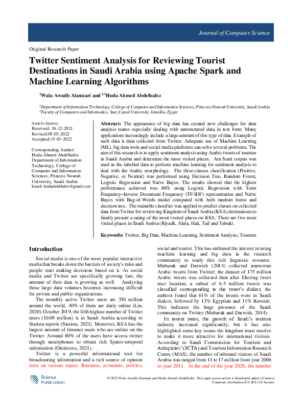 (PDF) Twitter Sentiment Analysis for Reviewing Tourist Destinations in Saudi Arabia using Apache ...