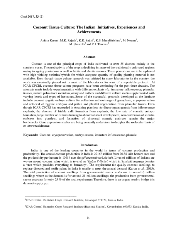 (PDF) Coconut Tissue Culture: The Indian Initiatives, Experiences and ...