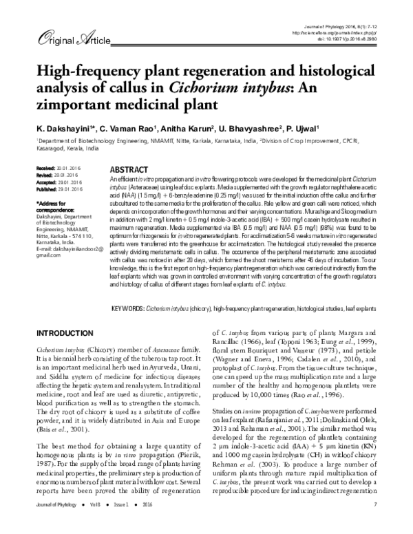 (PDF) High-frequency plant regeneration and histological analysis of ...