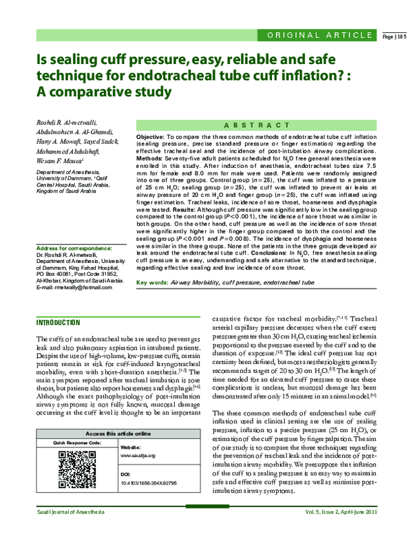 (PDF) Is sealing cuff pressure, easy, reliable and safe technique for ...
