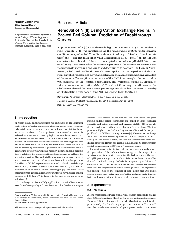 (PDF) Removal of Ni(II) Using Cation Exchange Resins in Packed Bed ...