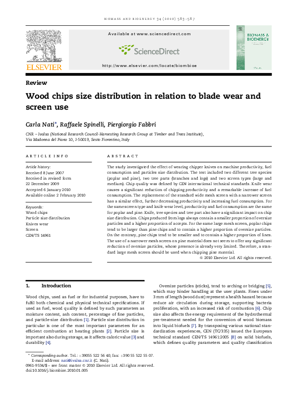 (PDF) Wood chips size distribution in relation to blade wear and screen use