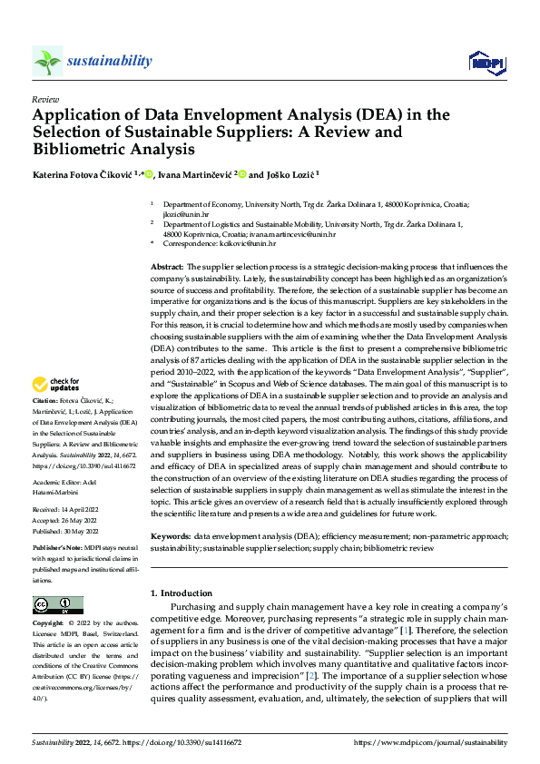 Pdf Application Of Data Envelopment Analysis Dea In The Selection Of Sustainable Suppliers 8292