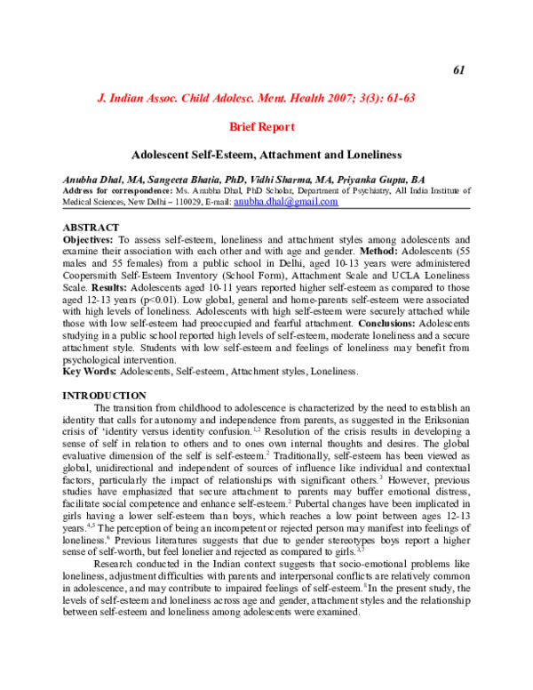 (PDF) Adolescent Self-Esteem, Attachment and Loneliness