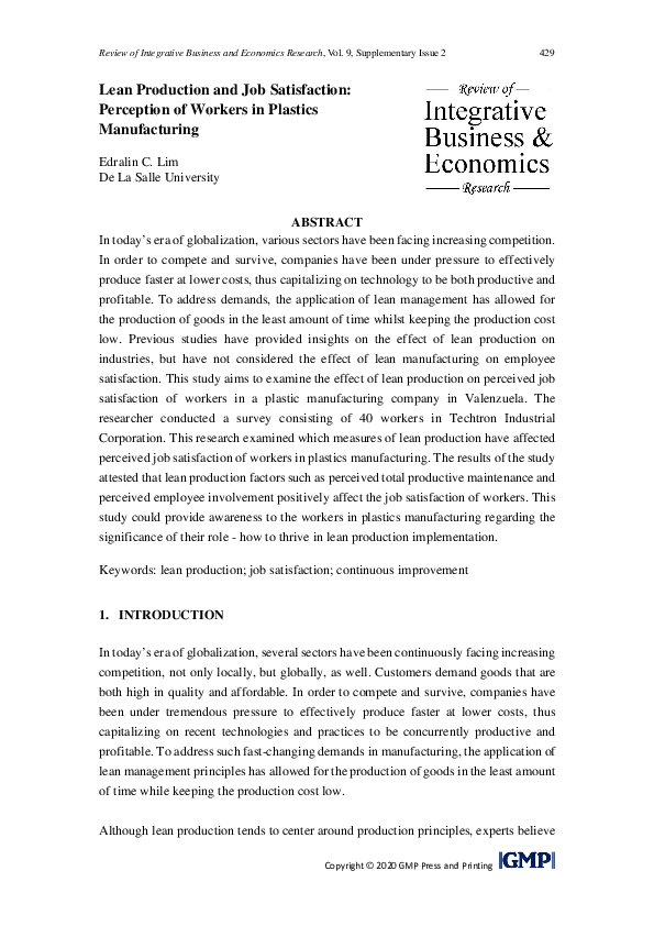 (PDF) Lean Production and Job Satisfaction: Perception of Workers in ...