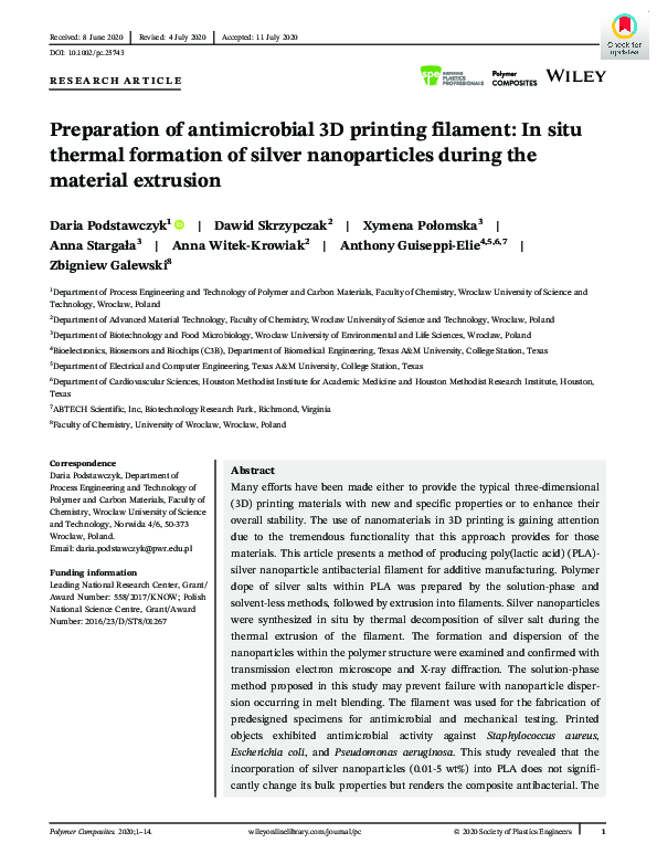 (PDF) Preparation of antimicrobial 3D printing filament: In situ ...