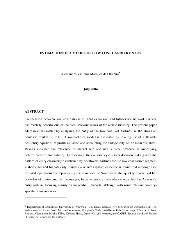 (PDF) Estimation of a Model of Low Cost Carrier Entry