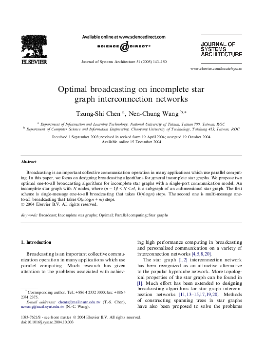 Pdf Optimal Broadcasting On Incomplete Star Graph Interconnection Networks