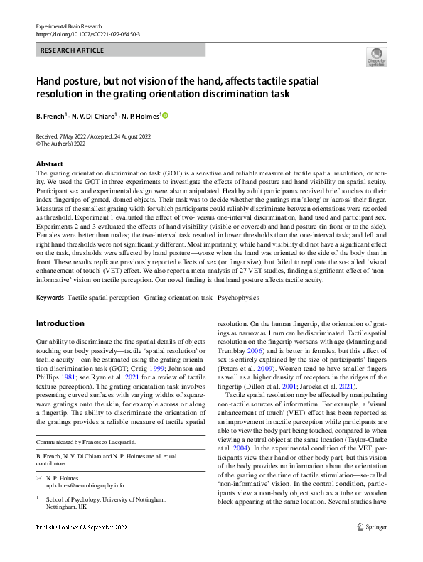 (PDF) Hand posture, but not vision of the hand, affects tactile spatial ...