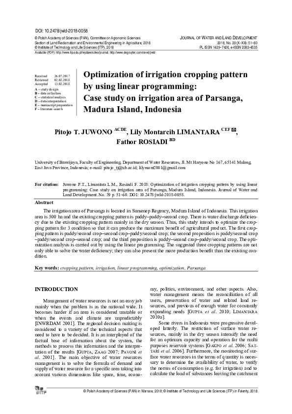 (PDF) Optimization of irrigation cropping pattern by using linear programming: Case study on ...