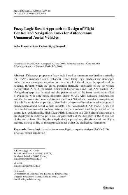 (PDF) Fuzzy Logic Based Approach to Design of Flight Control and Navigation Tasks for Autonomous ...