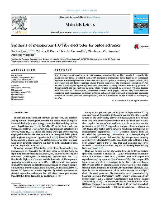 (PDF) Synthesis of mesoporous ITO/TiO2 electrodes for optoelectronics