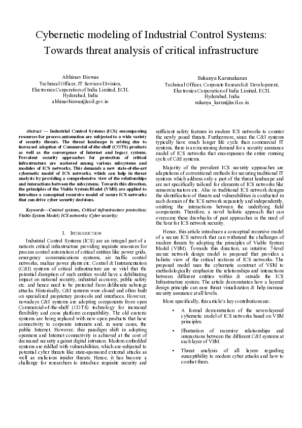 (PDF) Cybernetic modeling of Industrial Control Systems: Towards threat analysis of critical ...