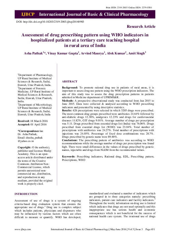 (PDF) Assessment of drug prescribing pattern using WHO indicators in ...