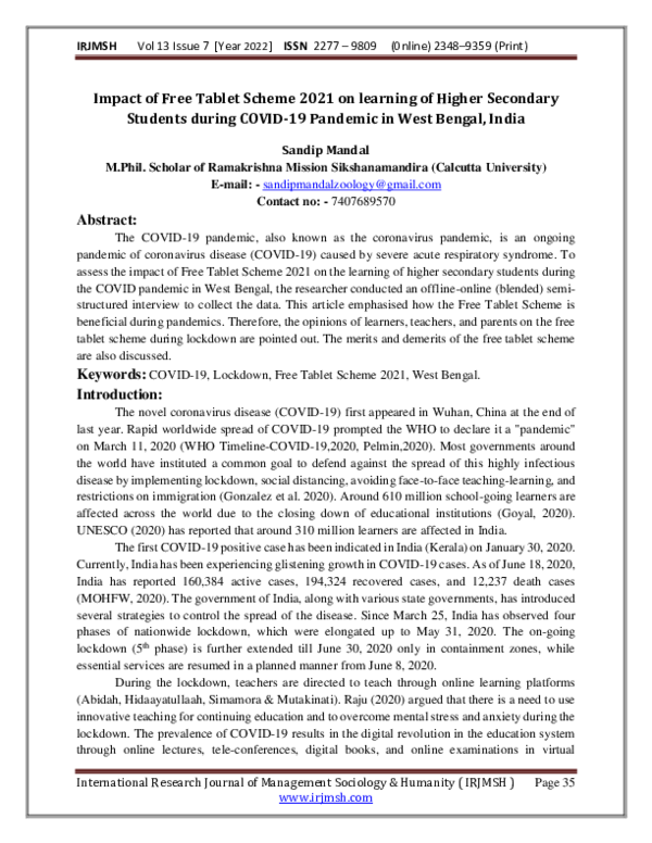 (PDF) Impact of Free Tablet Scheme 2021 on learning of Higher Secondary ...