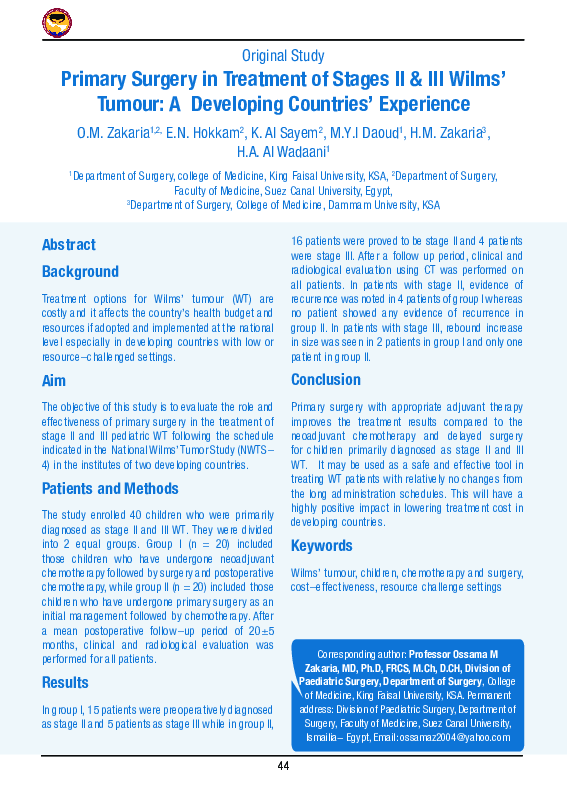 (PDF) Primary Surgery in Treatment of Stages II and III Wilms' Tumour ...