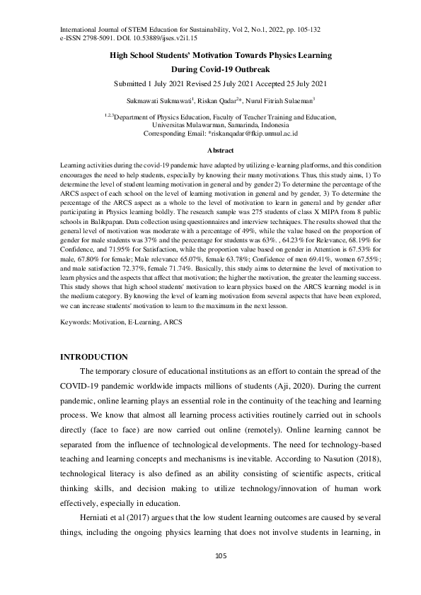 (PDF) High School Students’ Motivation Towards Physics Learning During Covid-19 Outbreak