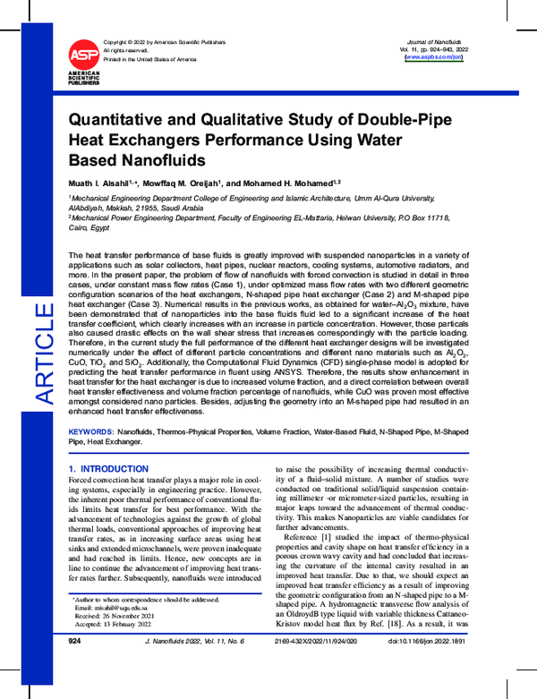 (PDF) Quantitative and Qualitative Study of Double-Pipe Heat Exchangers Performance Using Water ...