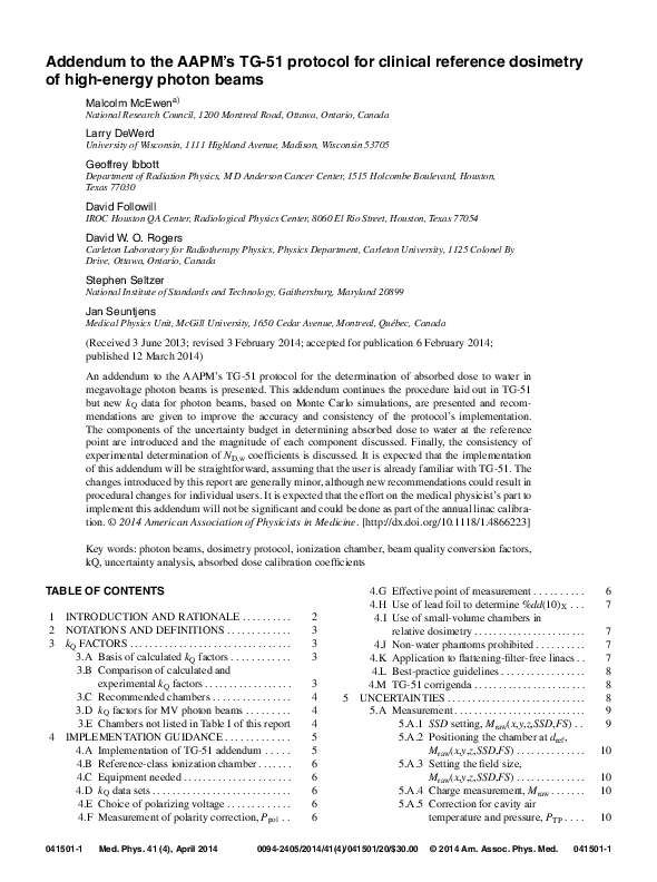 (PDF) Addendum to the AAPMˈs TG-51 protocol for clinical reference ...