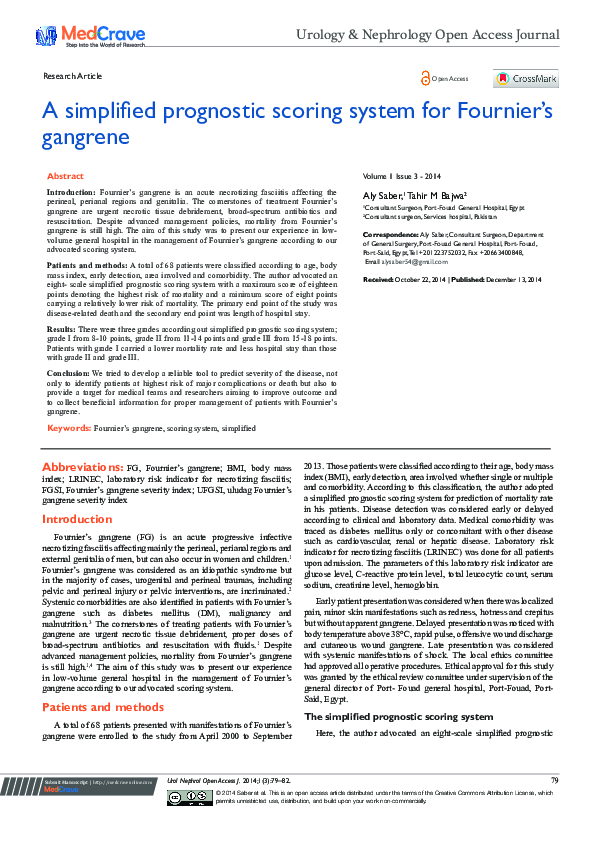 (PDF) A Simplified Prognostic Scoring System for Fournier's Gangrene ...