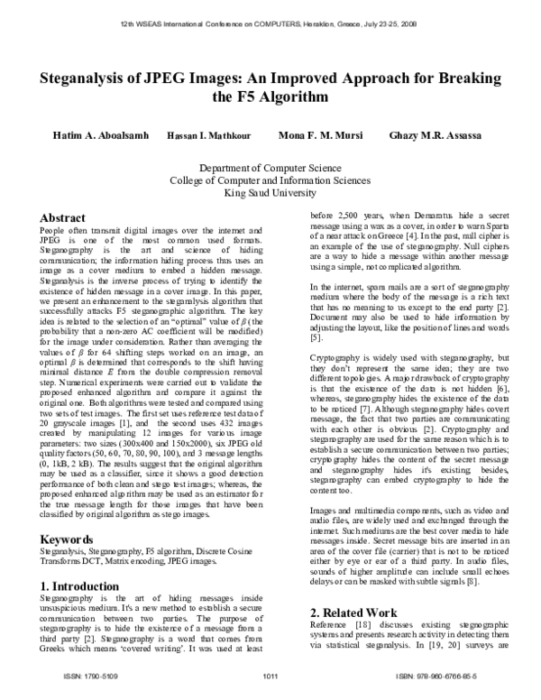 Pdf Steganalysis Of Jpeg Images An Improved Approach For Breaking The F5 Algorithm