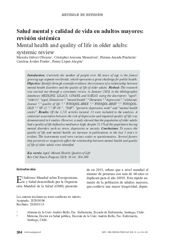 Pdf Salud Mental Y Calidad De Vida En Adultos Mayores Revisión Sistémica 2219