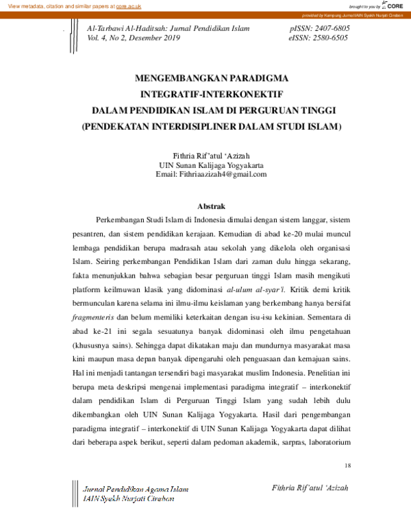 (PDF) Mengembangkan Paradigma Integratif-Interkonektif Dalam Pendidikan Islam Di Perguruan ...