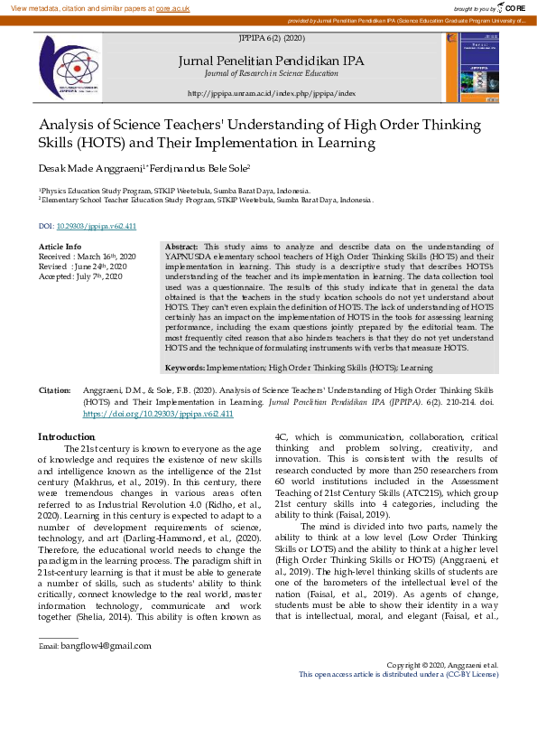 (PDF) Analysis of Science Teachers' Understanding of High Order Thinking Skills (HOTS) and Their ...