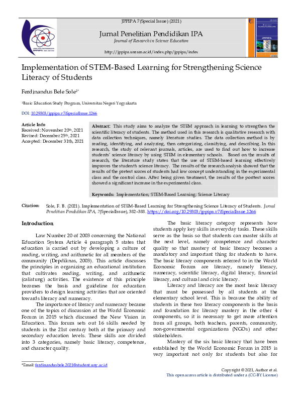 Pdf Implementation Of Stem Based Learning For Strengthening Science