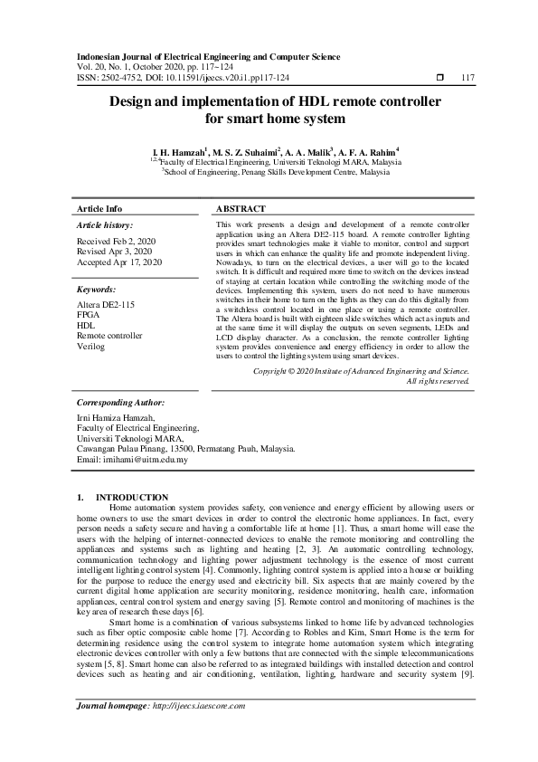 Pdf Design And Implementation Of Hdl Remote Controller For Smart Home