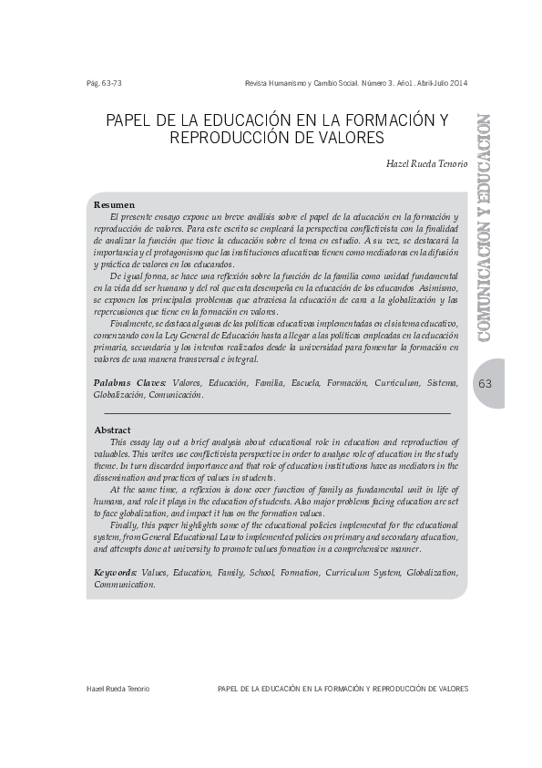 (PDF) Papel De La Educación en La Formación y Reproducción De Valores
