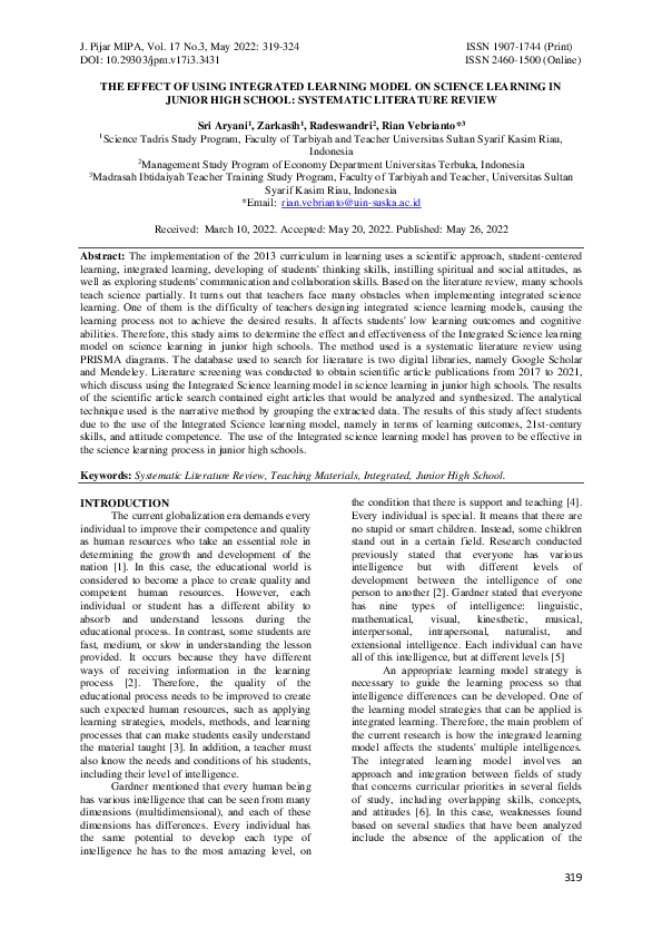 Pdf The Effect Of Using Integrated Learning Model On Science Learning