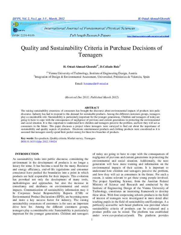 (PDF) Quality and Sustainability Criteria in Purchase Decisions of Teenagers