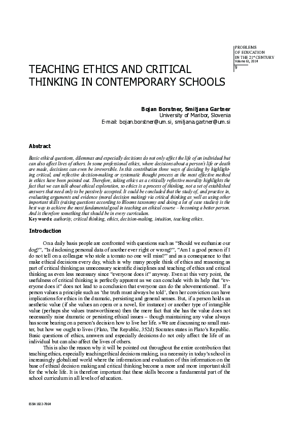 (PDF) Teaching Ethics and Critical Thinking in Contemporary Schools
