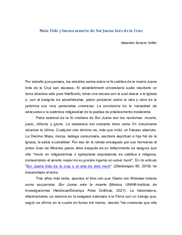 (PDF) Mala "Vida" y buena muerte de Sor Juana