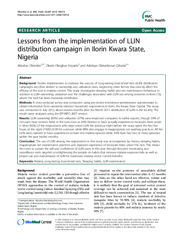 (PDF) Lessons from the implementation of LLIN distribution campaign in ...