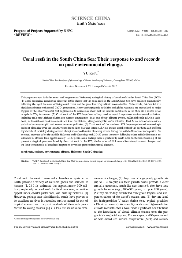 (PDF) Coral reefs in the South China Sea: Their response to and records ...