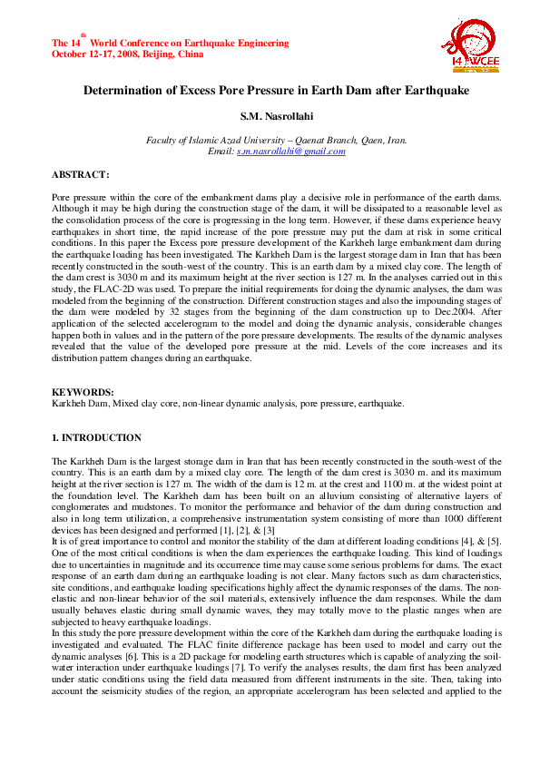 (PDF) Determination of Excess Pore Pressure in Earth Dam after Earthquake