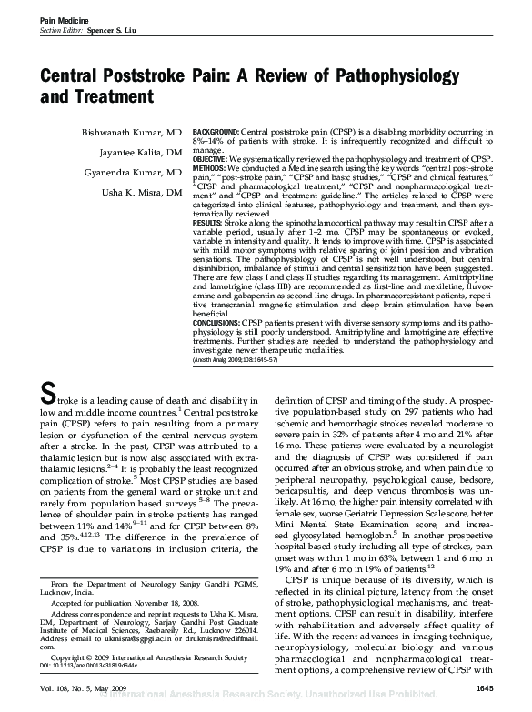 (PDF) Central Poststroke Pain: A Review of Pathophysiology and Treatment