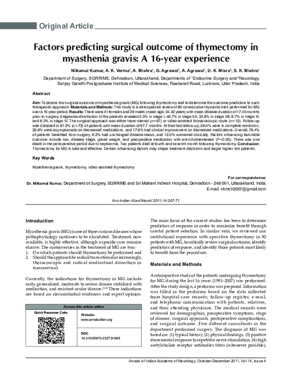 (PDF) Factors predicting surgical outcome of thymectomy in myasthenia gravis: A 16-year experience