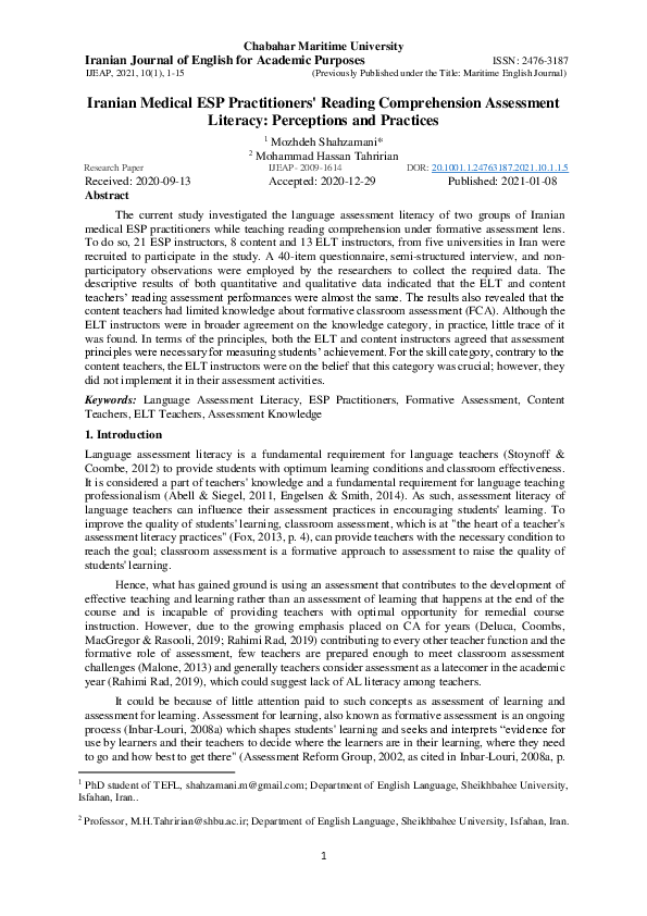 (PDF) Iranian Medical ESP Practitioners' Reading Comprehension ...