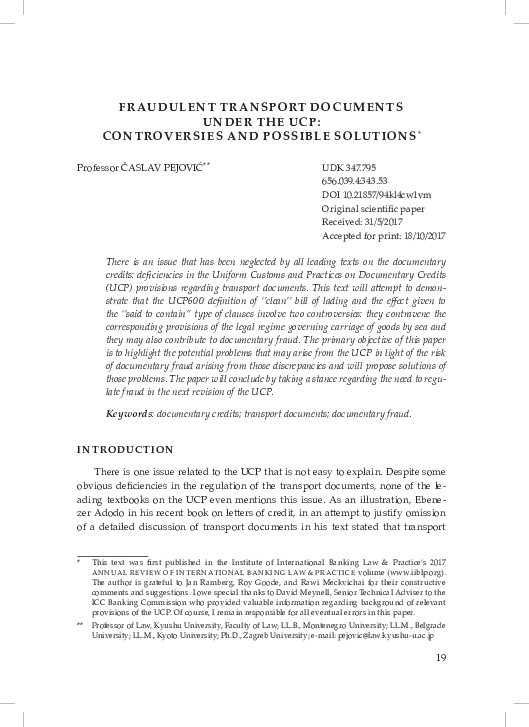 (PDF) Fraudulent Transport Documents under the UCP: Controversies and ...