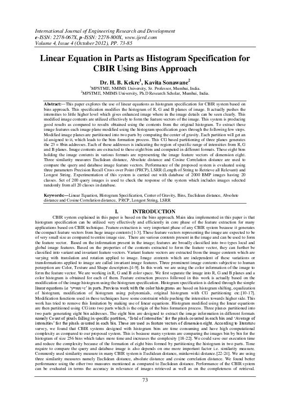 Pdf Linear Equation In Parts As Histogram Specification For Cbir Using Bins Approach