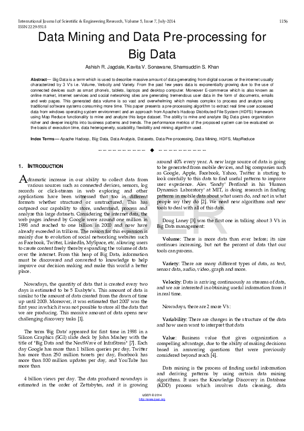 (PDF) Data Mining and Data Pre-processing for Big Data