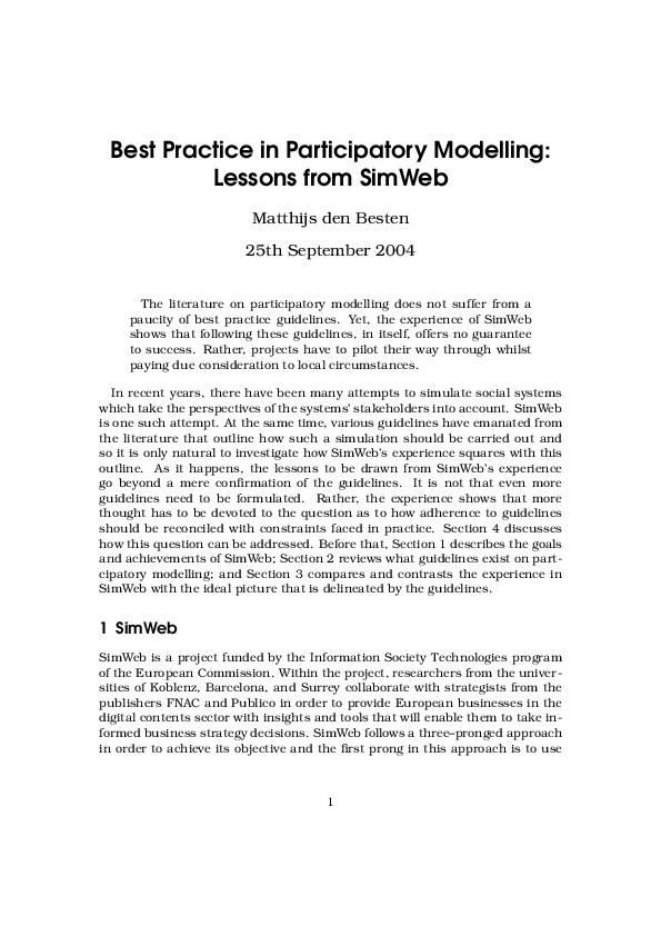 (PDF) Best Practice In Participatory Modelling: Lessons From SimWeb