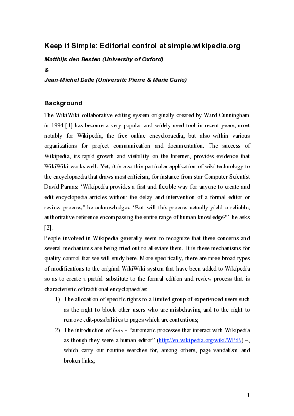 (PDF) Keep It Simple: Editorial Control at Simple. Wikipedia. Org